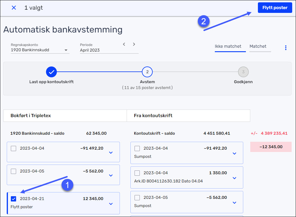 Hvordan flytter jeg poster ved avstemming av bank? – Tripletex hjelpesenter