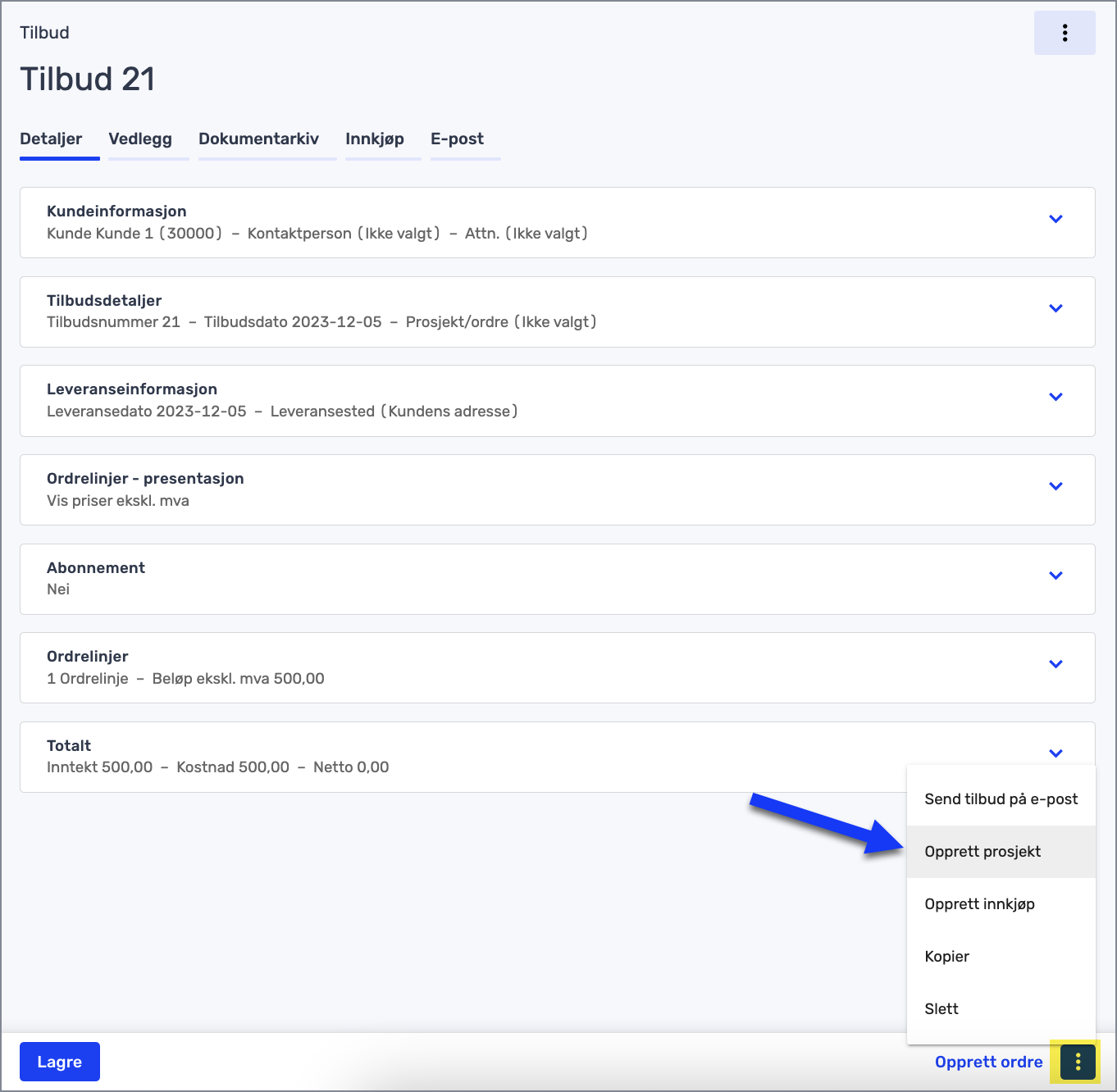 Slik gjør du om et tilbud til et prosjekt – Tripletex hjelpesenter