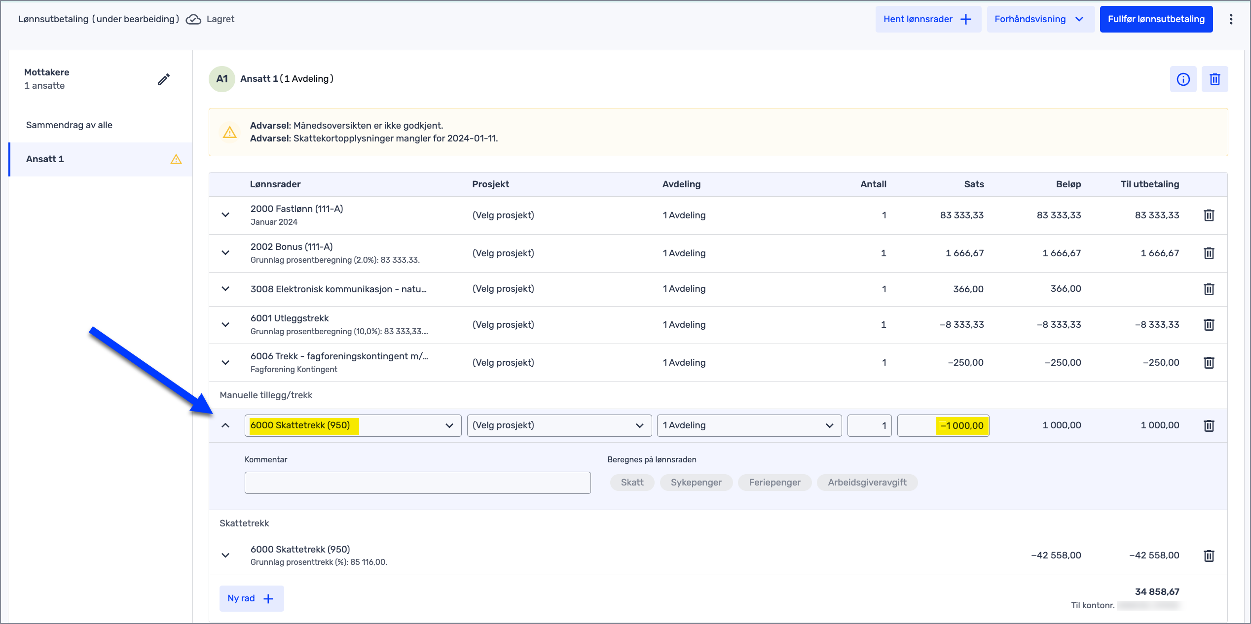 Hvordan legger jeg til ekstra skattetrekk på en ansatt? – Tripletex hjelpesenter