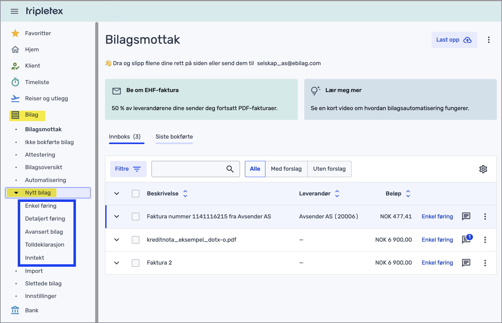 Hvordan fører jeg bilag uten å legge det inn i bilagsmottaket? – Tripletex hjelpesenter