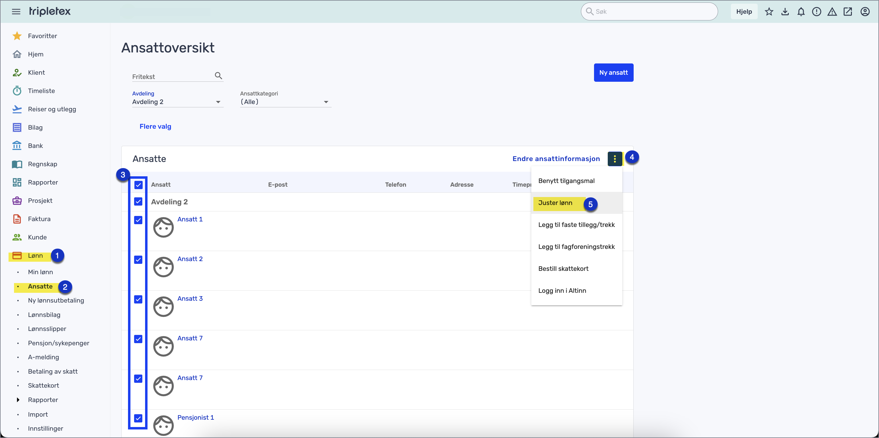 Hvordan justerer jeg lønnen til flere ansatte? – Tripletex hjelpesenter