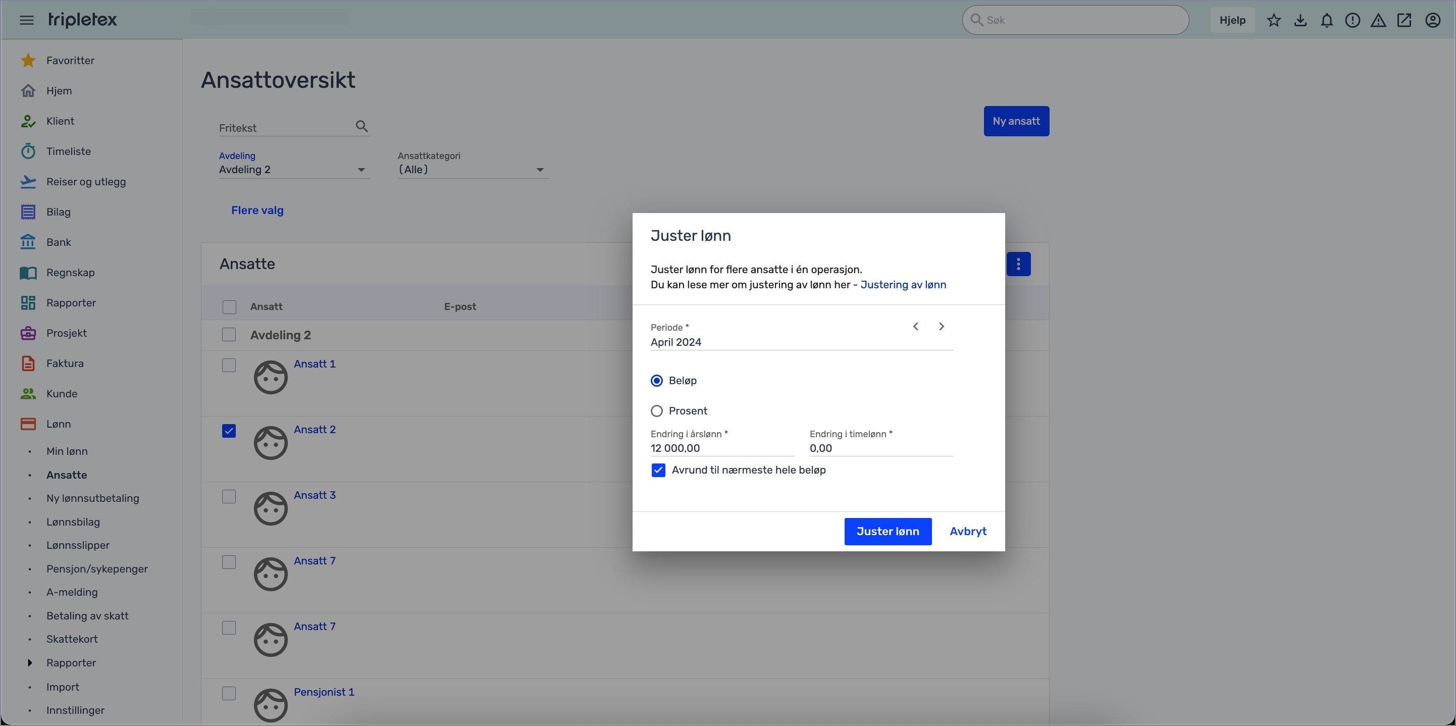 Hvordan justerer jeg lønnen til flere ansatte? – Tripletex hjelpesenter