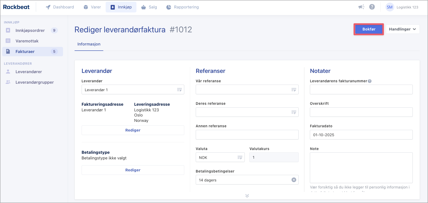 Hvordan lager jeg en leverandørfaktura i Rackbeat (Logistikk komplett ...